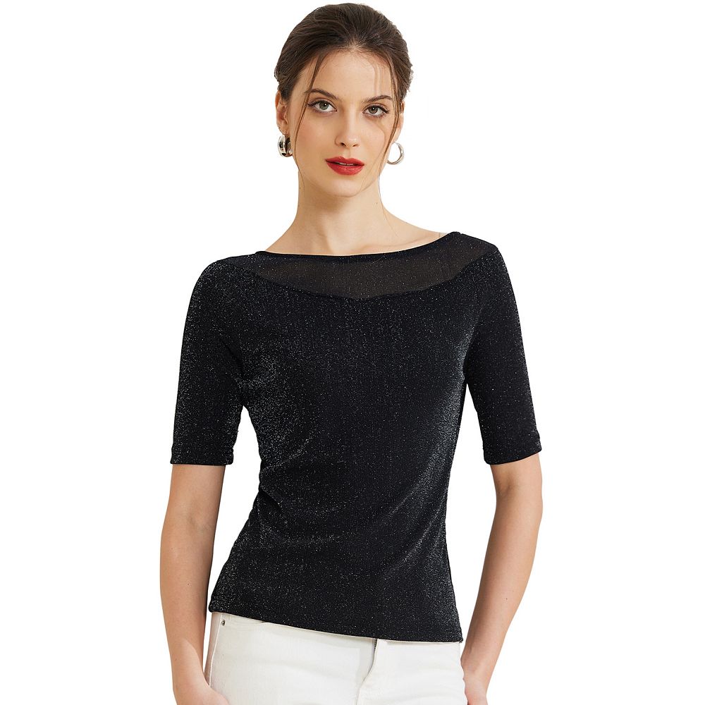 Boat Neck Top For Women's Glitter Stretchy Half Sleeve Mesh Casual ...