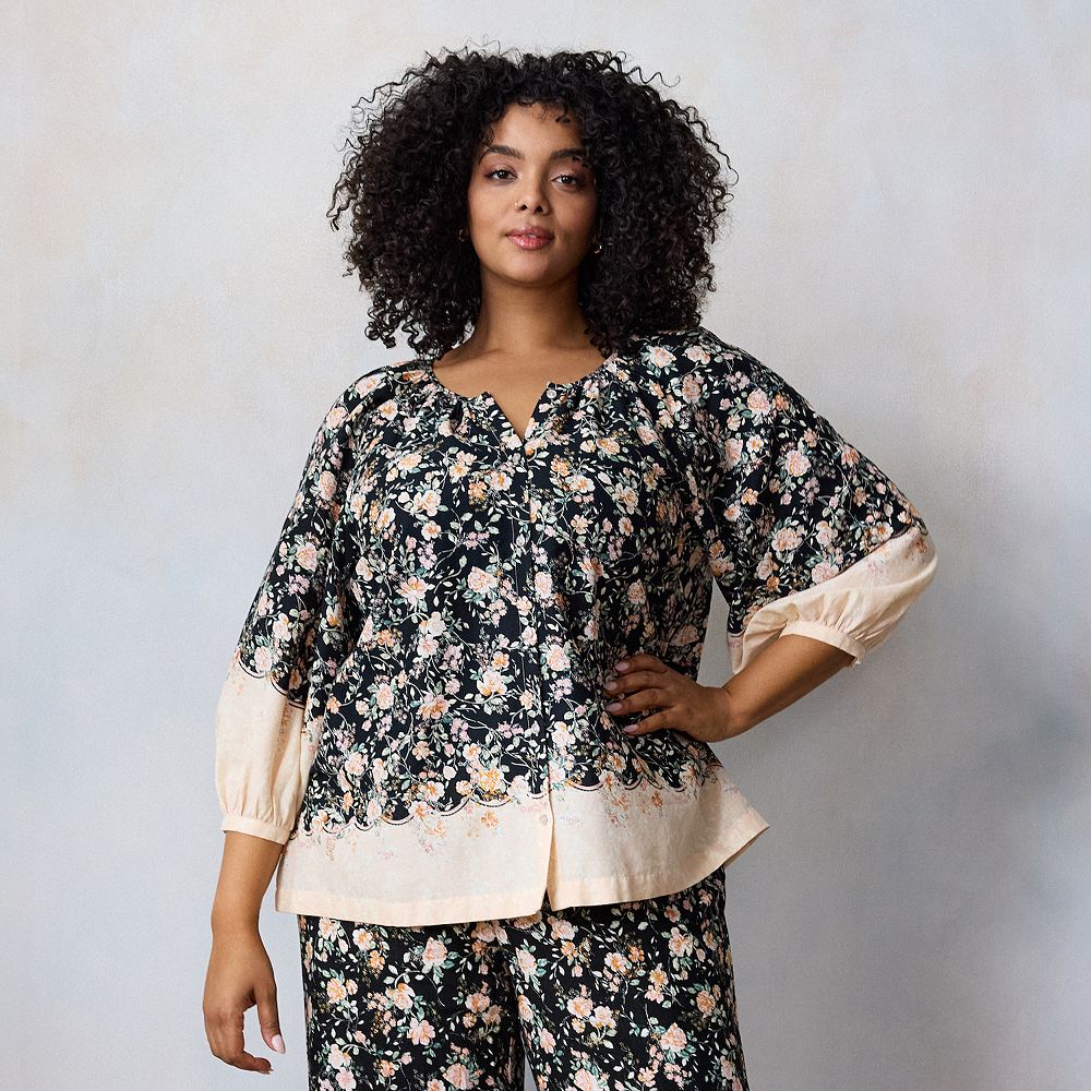 Plus Size LC Lauren Conrad Raglan Sleeve Button Front Peasant Top