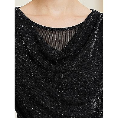 Women's Ruched Cowl Neck Long Sleeves Glitter Praty Club Top