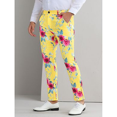 Floral Dress Pants for Men's Flat Front Party Prom Flower Printed Slacks