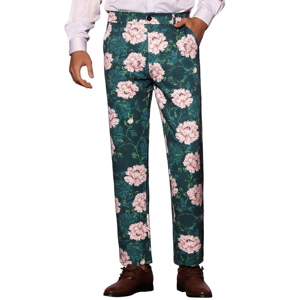 Floral Dress Pants for Men's Flat Front Party Prom Flower Printed Slacks