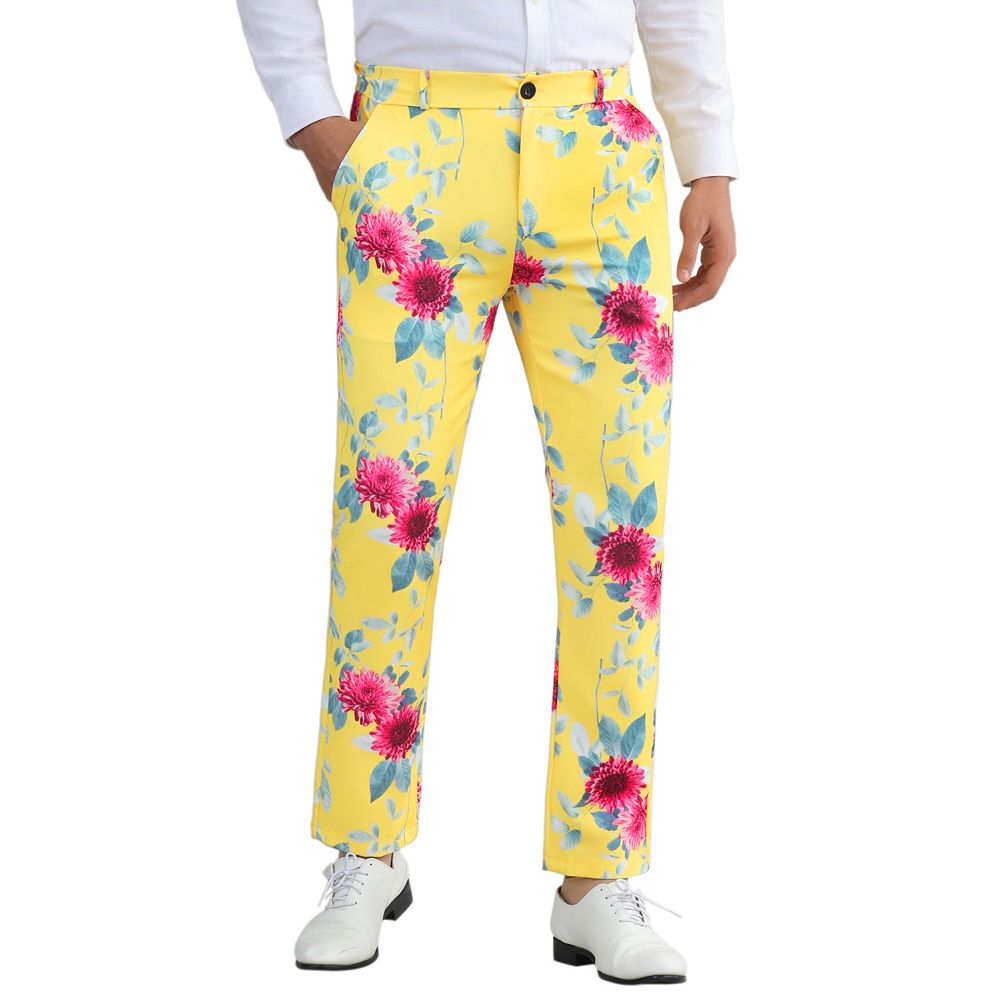Floral Dress Pants for Men's Flat Front Party Prom Flower Printed Slacks
