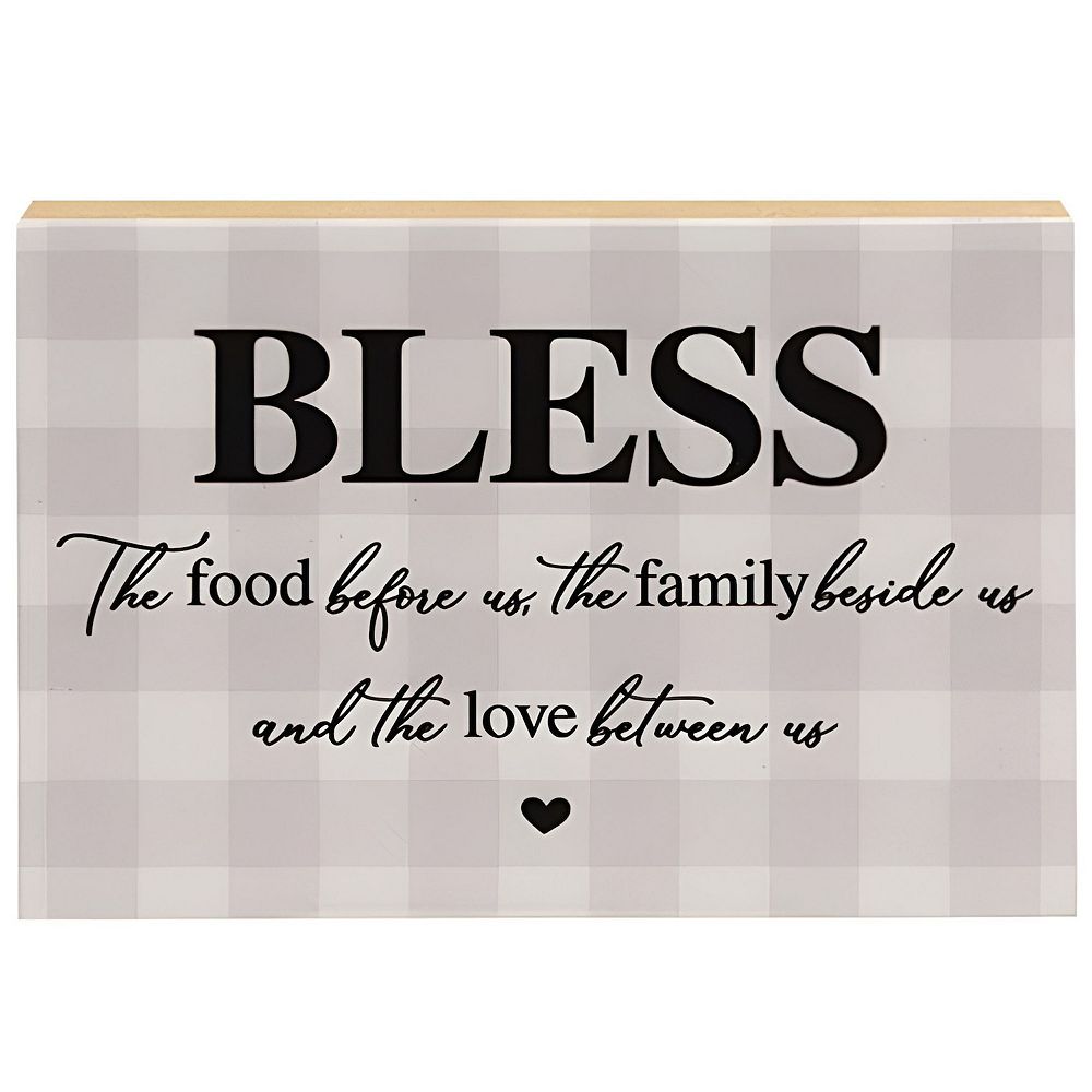 Bless the Food Checked Shelf Sitter - Wooden Block with Light Grey and ...