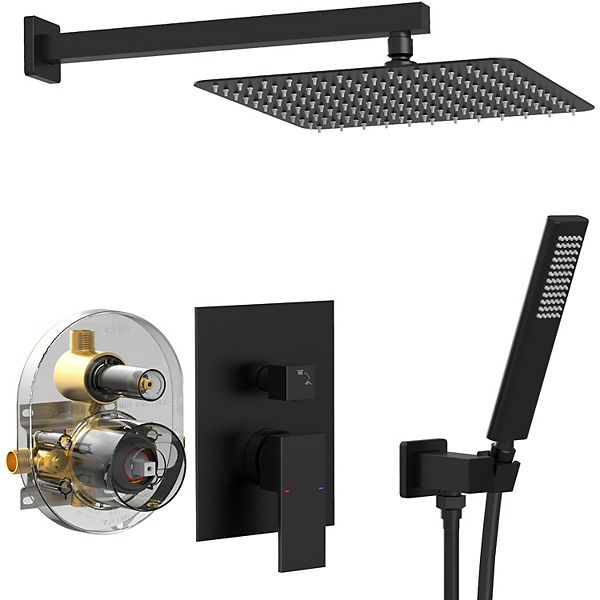 Matte Black Wall-Mounted Shower System with 12-Inch Rain Shower Head ...