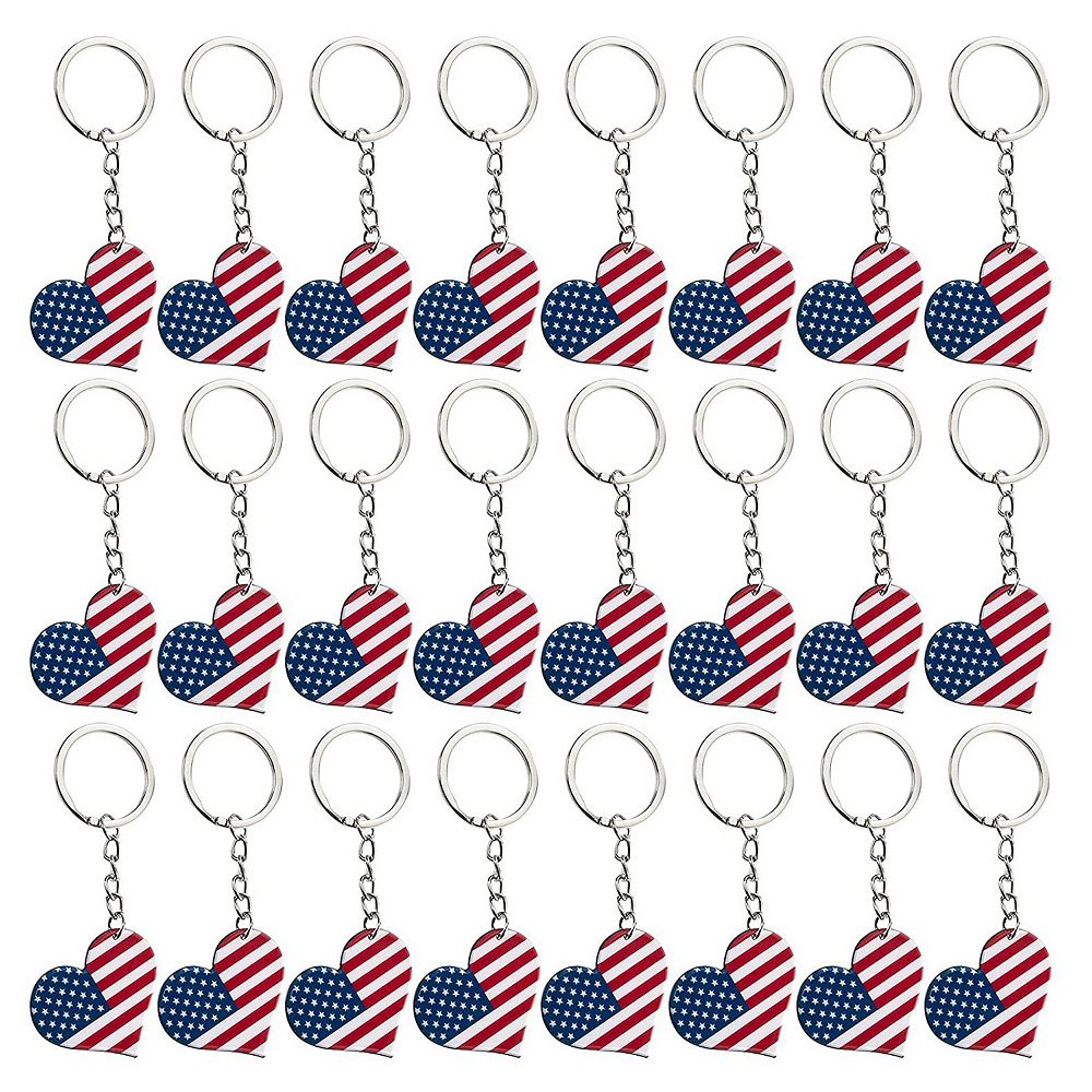 24 Pack American Flag Keychain, 4th of July Party Favors, Heart Keychain