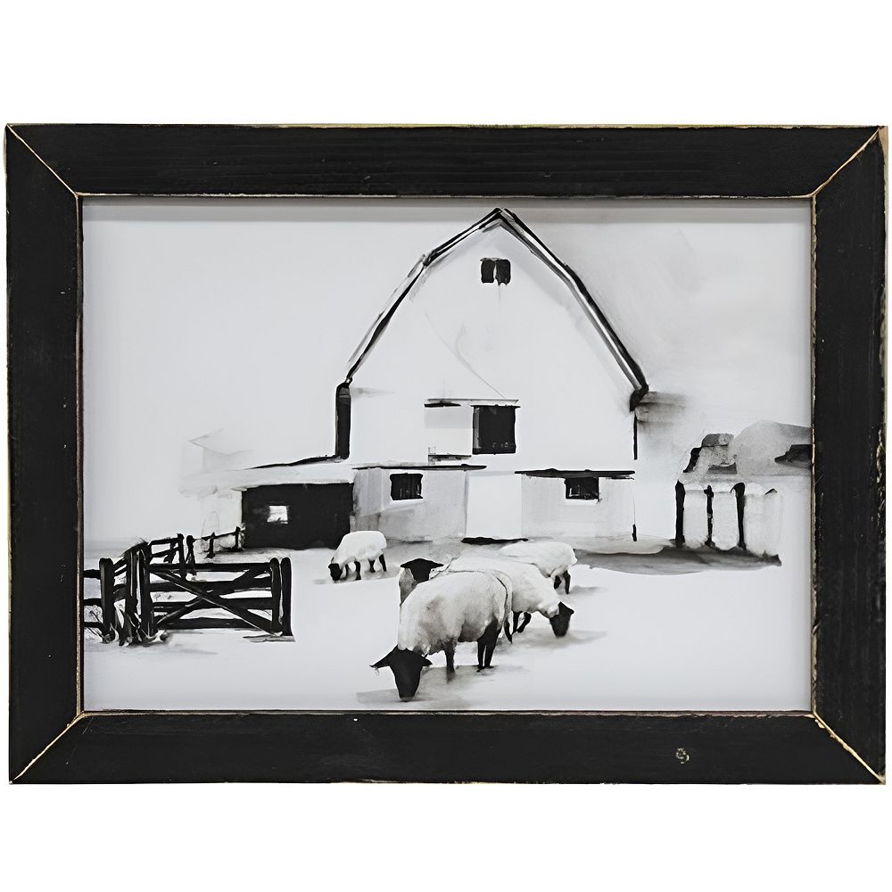 Farmhouse Grazing Sheep Framed Print with White Barn and Sheep in Black