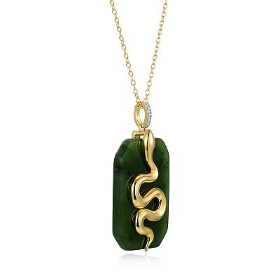 Dynasty Jade 18K Yellow Gold Plated Sterling Silver Genuine Nephrite Jade Diamond Accent Snake Pendant Necklace