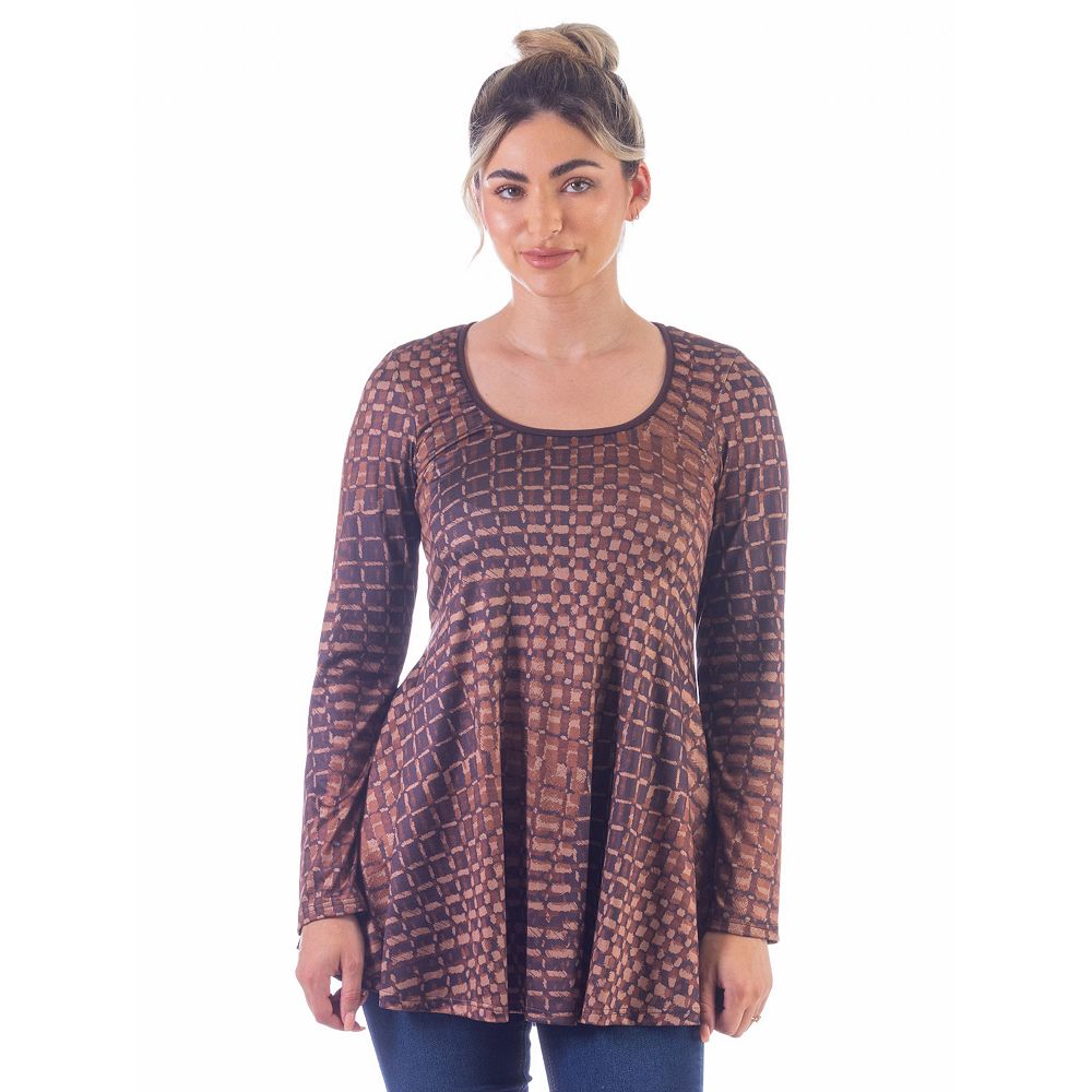 Women's 24Seven Comfort Apparel Brown Scoop Neck Long Sleeve Tunic Top