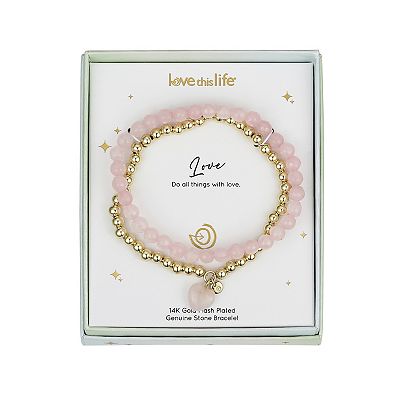 Love This Life Rose Quartz Heart Beaded Stretch Bracelet Set Women s Size 7.5