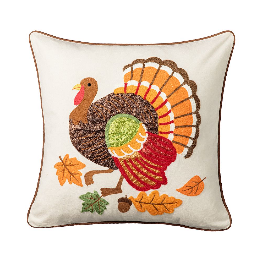 Glitzhome 18"l X 18"w Cotton Embroidered Turkey Pillow Cover
