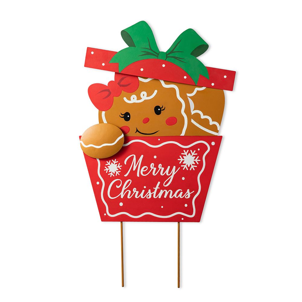 Glitzhome 24"h Christmas Metal Gingerbread Giftbox Yard Stake