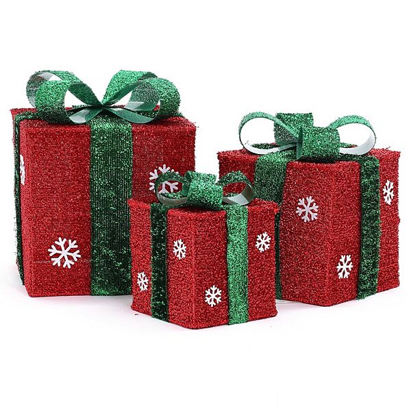 LuxenHome Set Of 3 Red And Green Gift Boxes With Bows Lighted Christmas ...