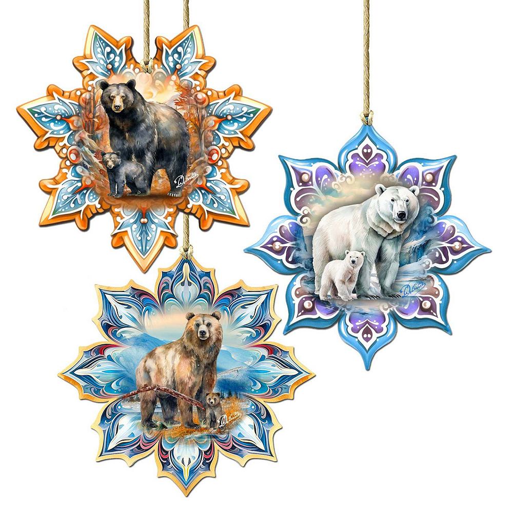 Bears Snowflake Wooden Christmas Ornaments Set Of 3 By G. Debrekht