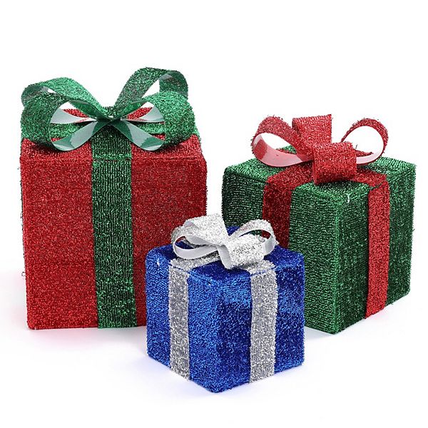 LuxenHome Set Of 3 Present Gift Boxes With Bows Lighted Holiday Decoration