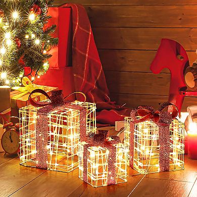 LuxenHome Set Of 3 Presents With Red Ribbon Lighted Holiday Decoration