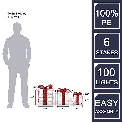 LuxenHome Set Of 3 Presents With Red Ribbon Lighted Holiday Decoration