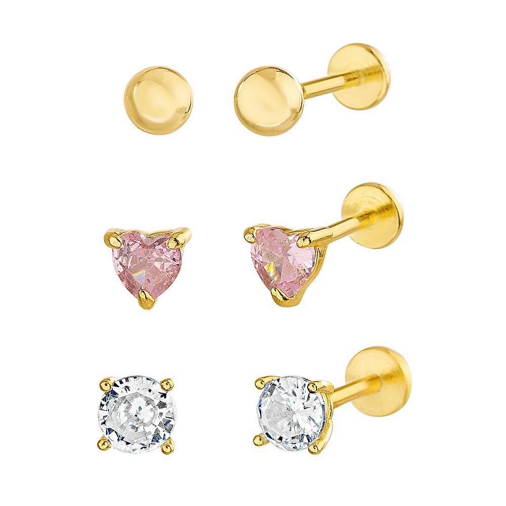 petit cheris Kids 14k Gold Flash Plated Sterling Silver Cubic Zirconia 3-Pair Earring Set