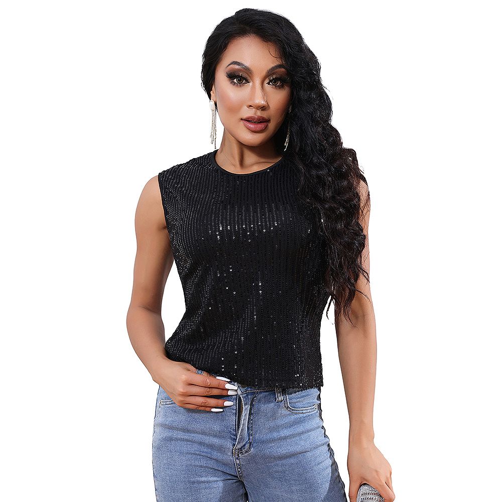 Women Sequin Tank Tops Sleeveless Sparkle Shimmer Crew Neck Vest Tops ...
