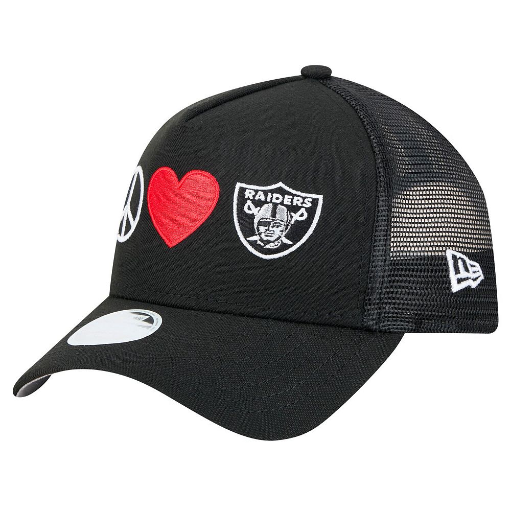 Women's New Era Black Las Vegas Raiders Peace & Love Trucker 9FORTY ...