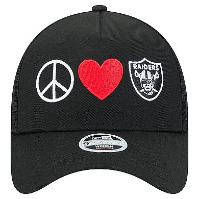 Women's New Era Black Las Vegas Raiders Peace & Love Trucker 9FORTY ...