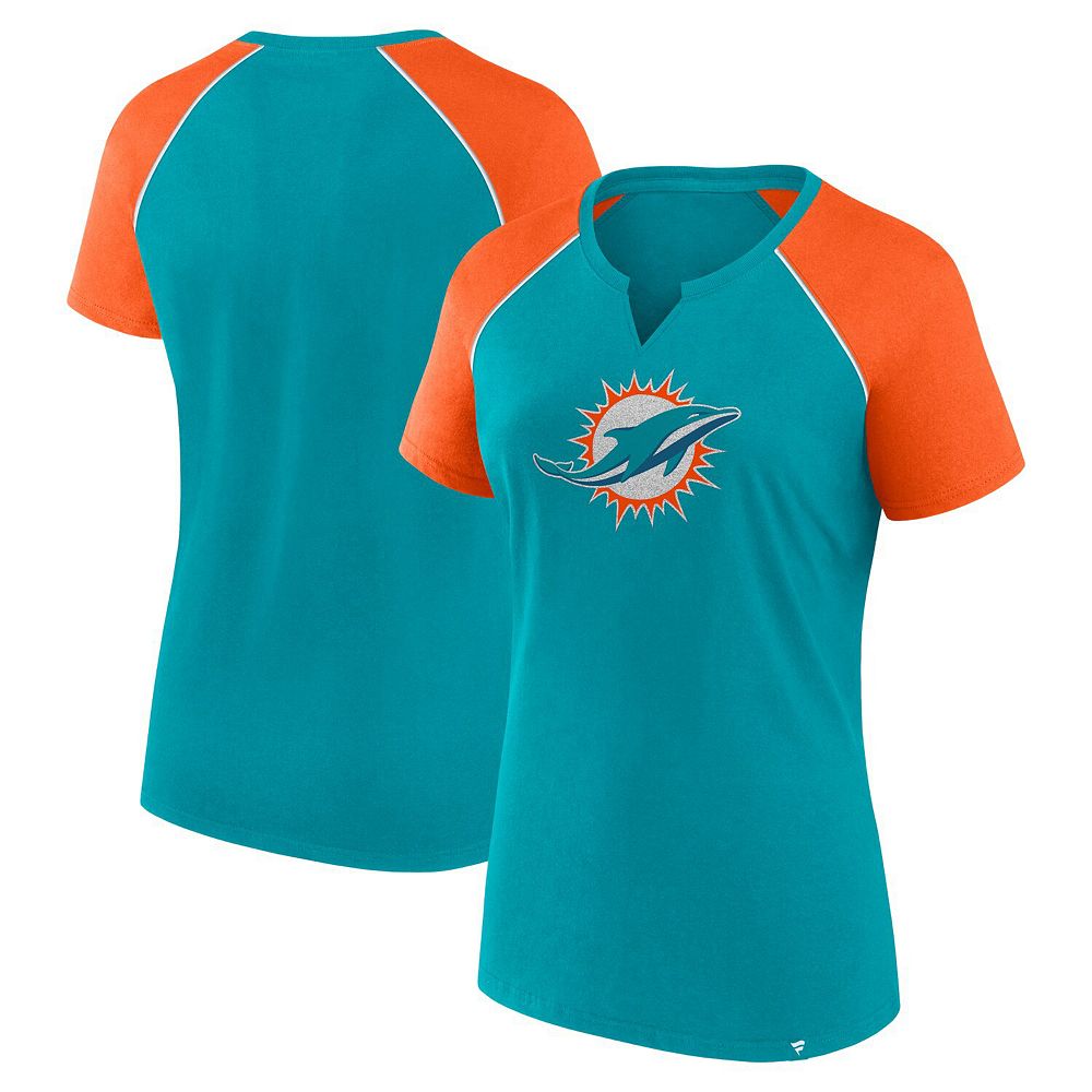 Women's Fanatics Aqua/Orange Miami Dolphins Glittered Primary Raglan T ...