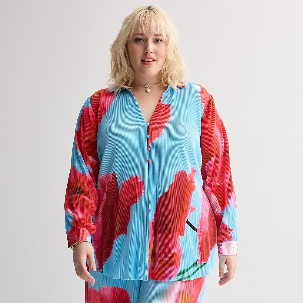 Plus Size INTEMPO™ Plisse Print Button Front Top