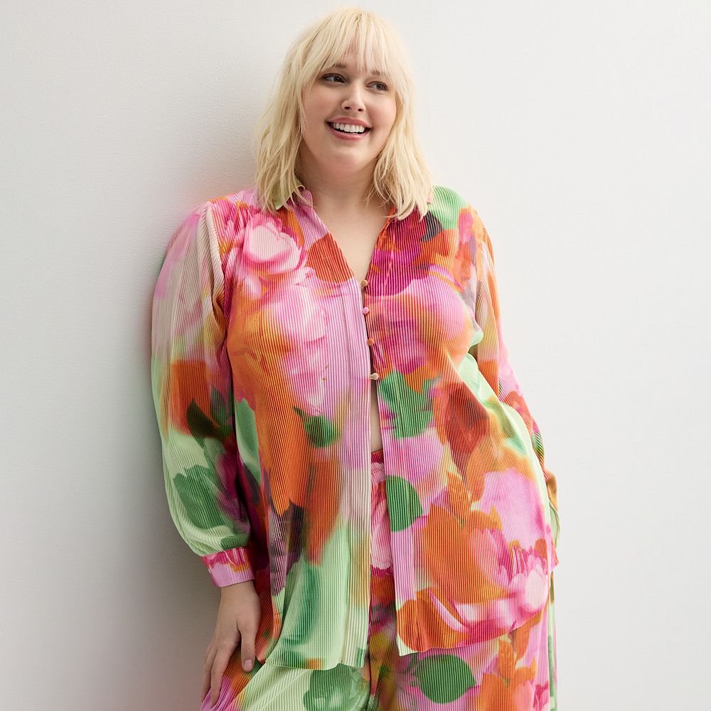 Plus Size INTEMPO™ Plisse Print Button Front Top