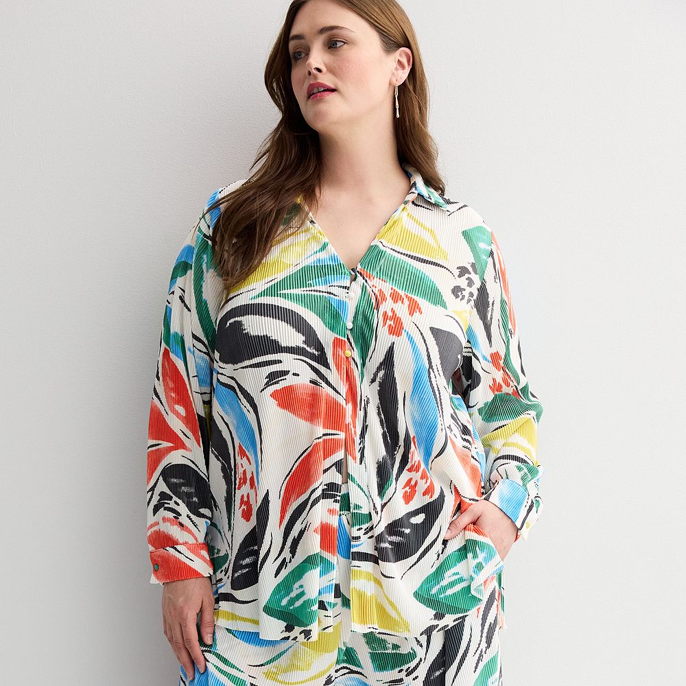 Plus Size INTEMPO™ Plisse Print Button Front Top