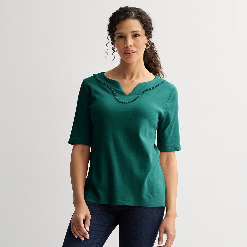 Women's Croft & Barrow® Bobble Trim Splitneck Elbow Sleeve Top