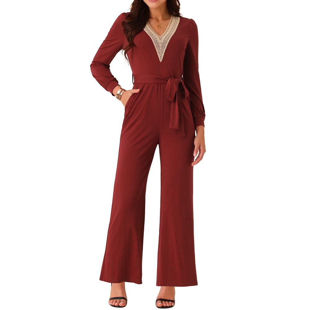 Women's Long Sleeve V Neck Jumpsuit Belted Stretchy Wide Leg Long Pant ...