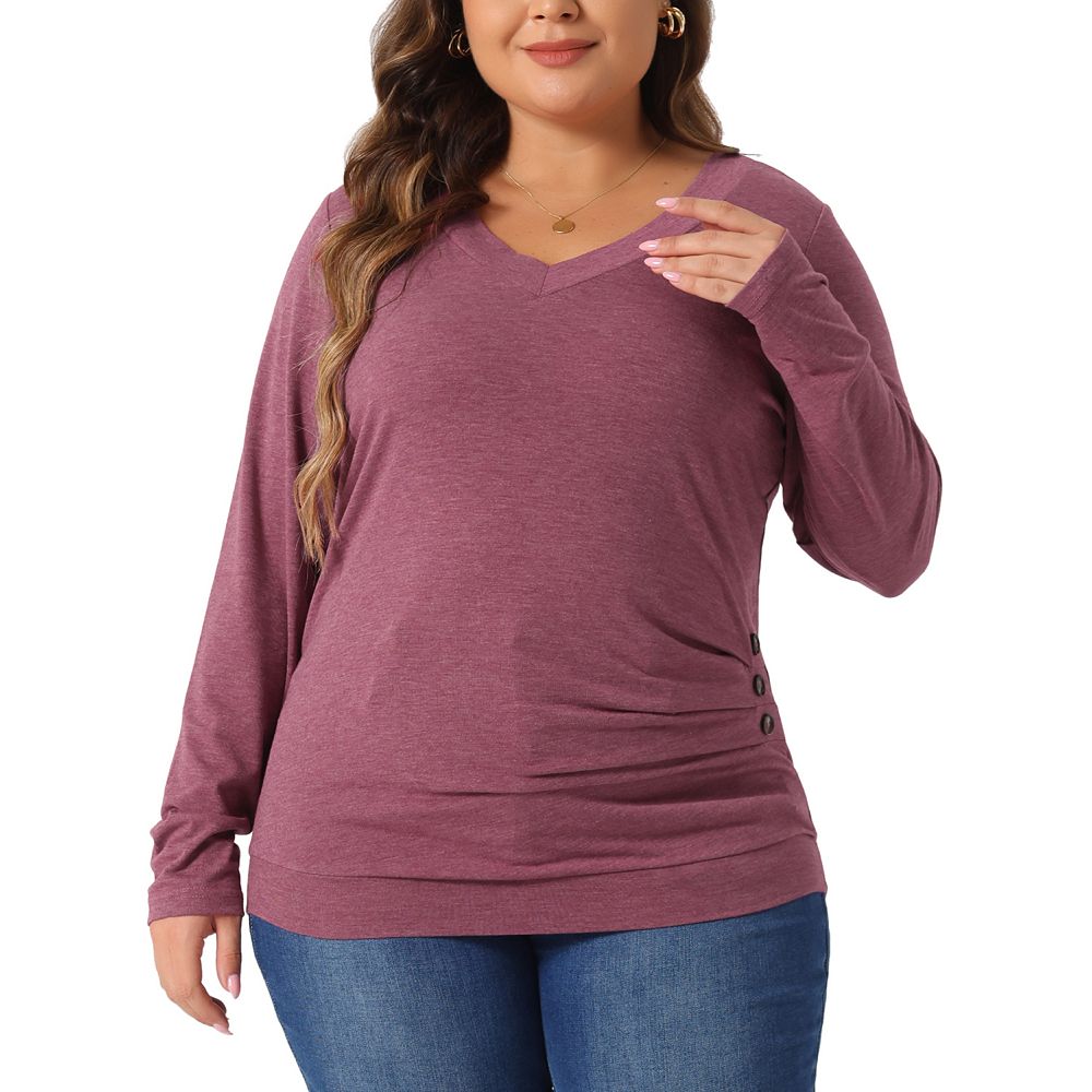 Plus Size Long Sleeve Blouse for Women V Neck Knitted Buttons Decor ...