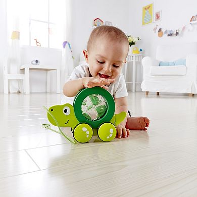 Hape: Pull Along Tito Wooden Green Turtle Wheeled Push & String Take ...