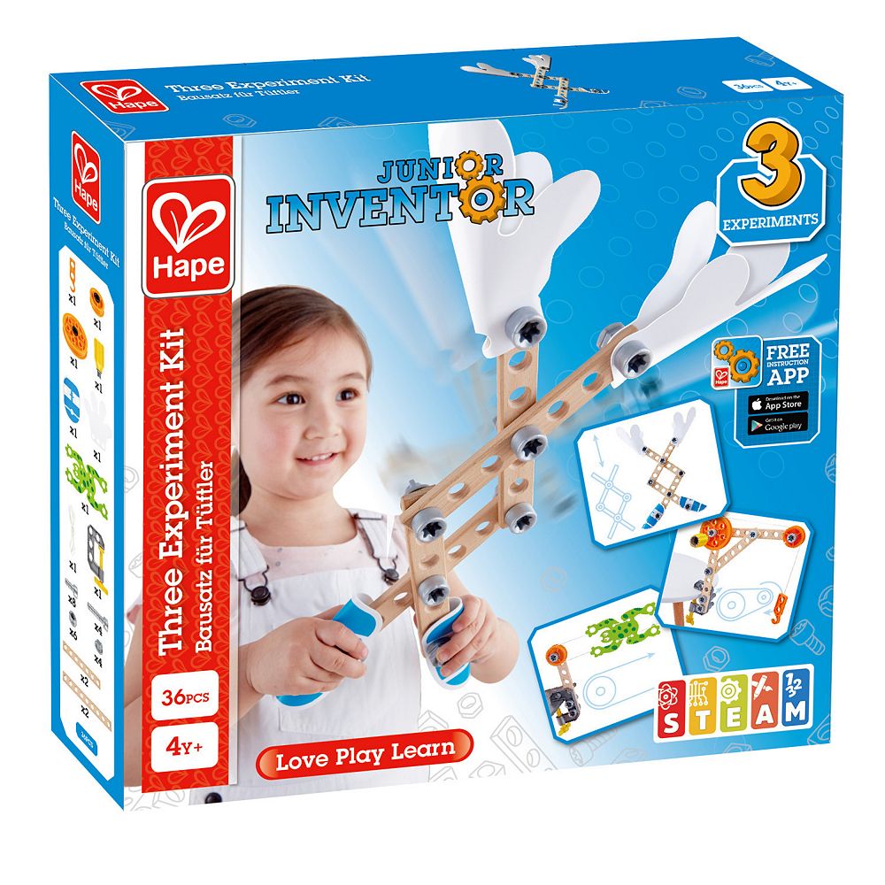 Hape: Junior Inventor: Three Experiment Kit 36-pc. Wooden Building Toy Set