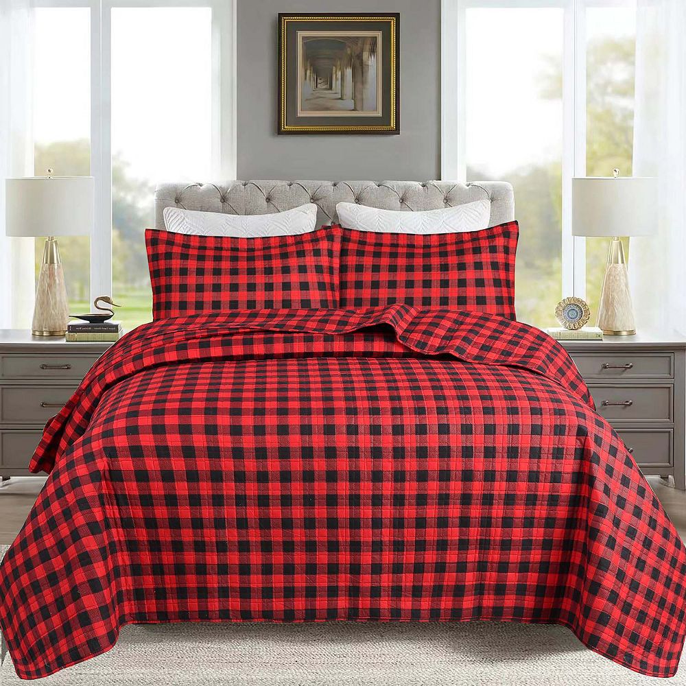 Marcielo 3 Pcs Red Buffalo Plaid Check Quilt Bedspread Set