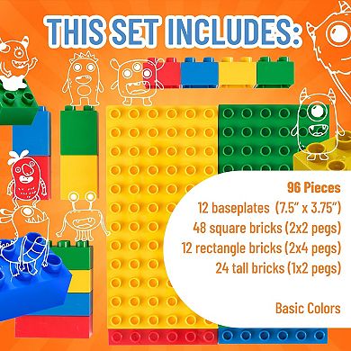 Classic Big Bricks Set For Kids And Toddlers, Basic Colors, 96 Pieces
