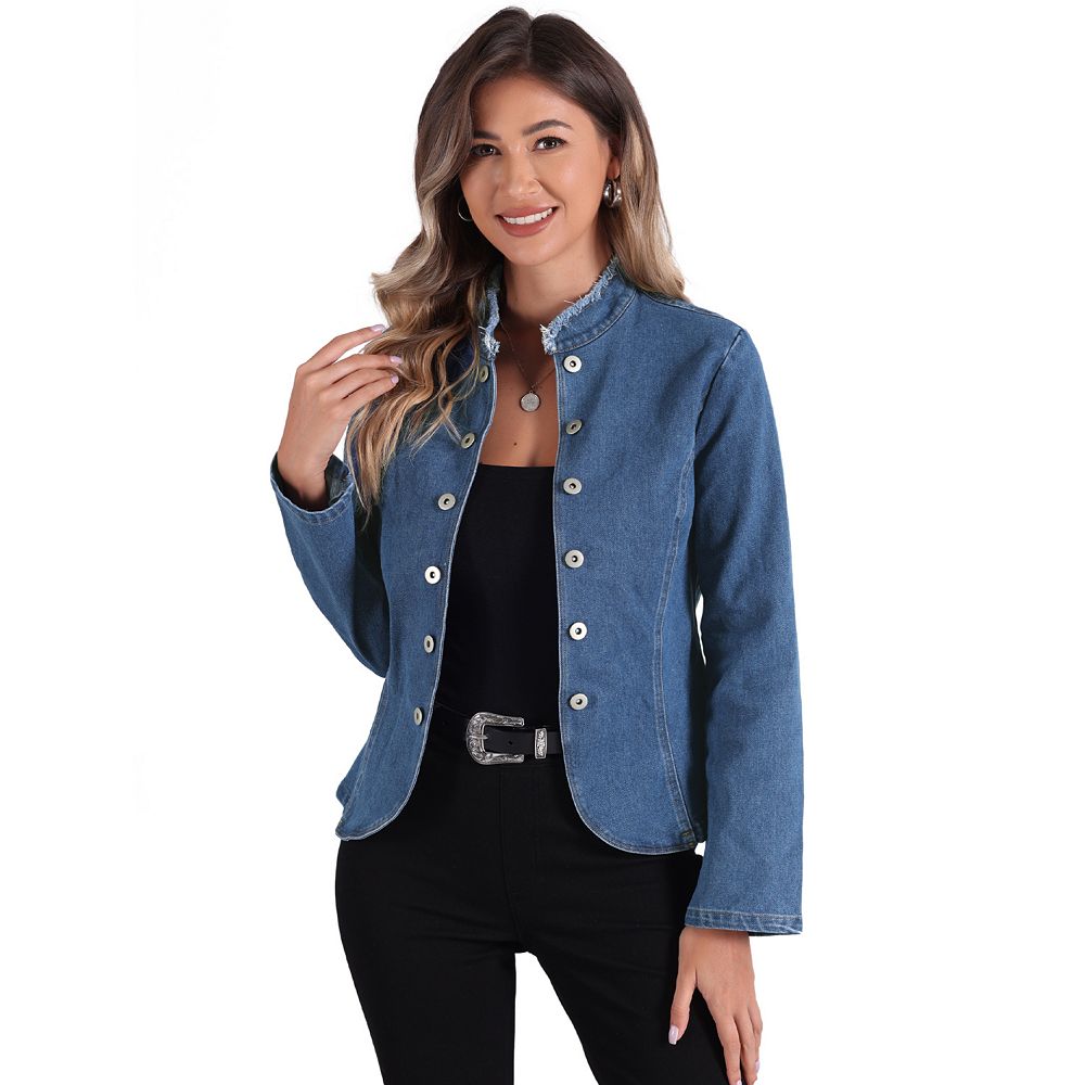 Denim Blazer For Women's Collarless Open Front Jeans Cardigan
