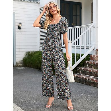 Women's Smocked Jumpsuits Casual Square Neck Short Sleeve High Waist Wide Leg Rompers with Pockets