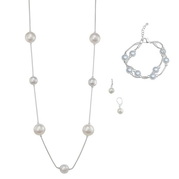 You're Invited Silver Simulated Pearl Necklace, Earrings & Bracelet Set