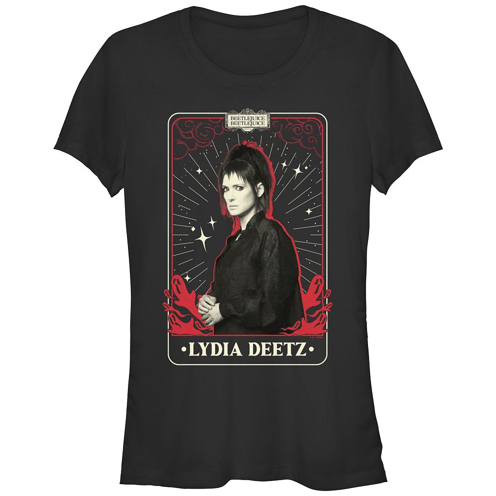 Juniors' Beetlejuice 2 Lydia Deetz Card Fitted Graphic Tee