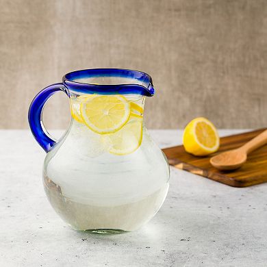 10 Strawberry Street Handblown Mexican Glass Cobalt Rim Pitcher