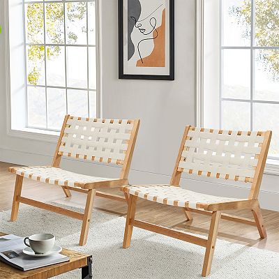 LuxenHome Set of 2 Natural Rubberwood with White Leather Armless Accent Chair