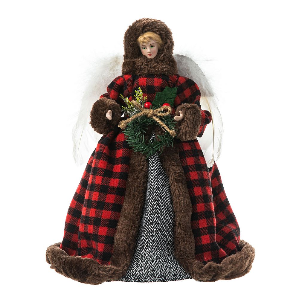 Glitzhome 12"H Faux Fur Angel Figurine Christmas Tree Topper