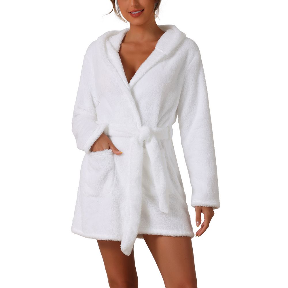 Womens Fuzzy Robe Belted Hooded Fleece Plush Bath Robe Winter Spa Robes ...
