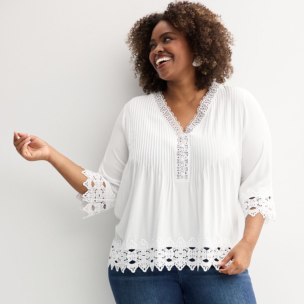 Plus Size Catherine Malandrino Elbow Sleeve V-Neck Button Front Top