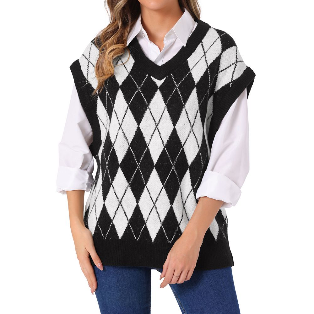 Women's Contrast Color Sweater Vest V Neck Sleeveless Knit Loose ...