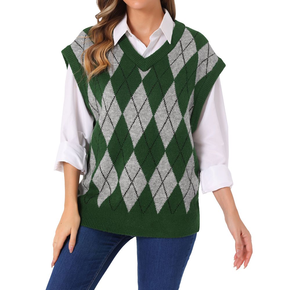 Women's Contrast Color Sweater Vest V Neck Sleeveless Knit Loose ...