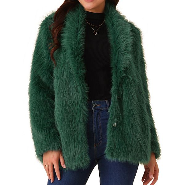 Women's Faux Fur Coat Long Sleeve Pockets Lapel Shaggy Warm Winter ...