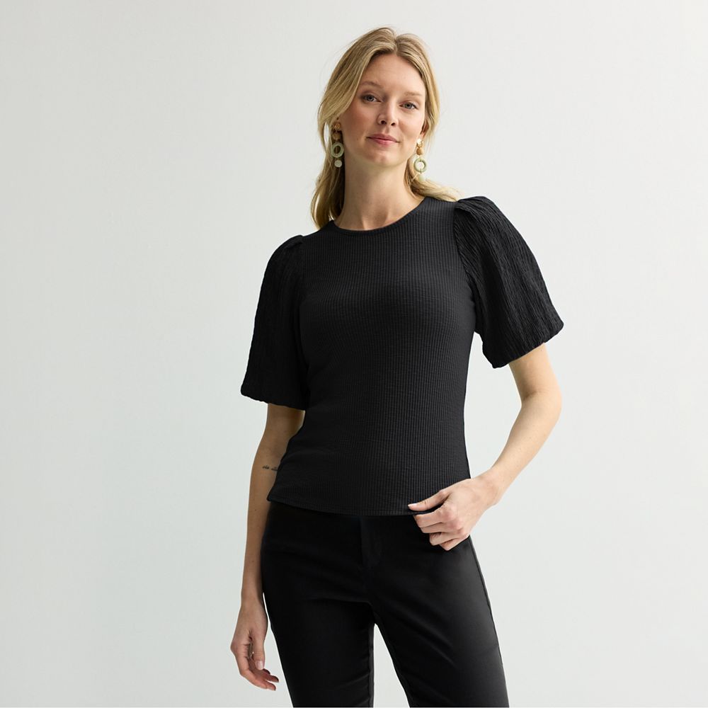 Petite Nine West Textured Elbow Sleeve Rib Knit Top