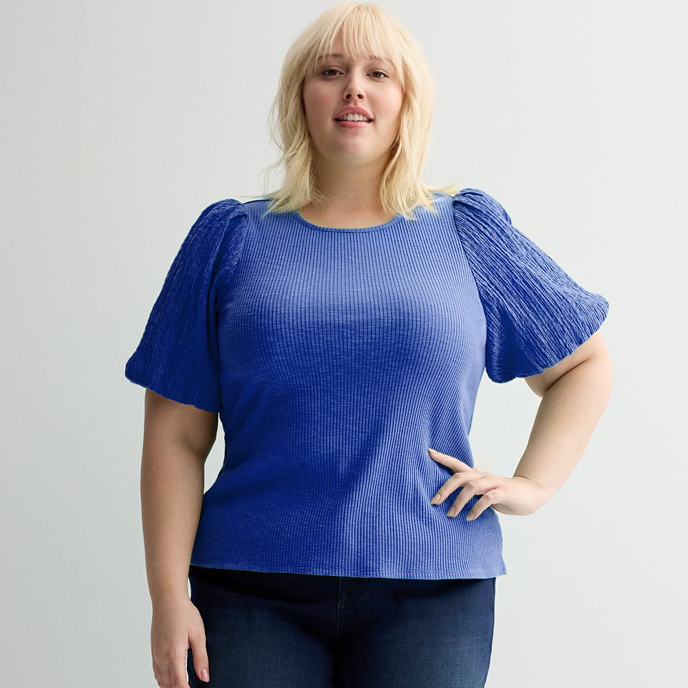 Plus Size Nine West Textured Puff Sleeve Ribbed Knit Top