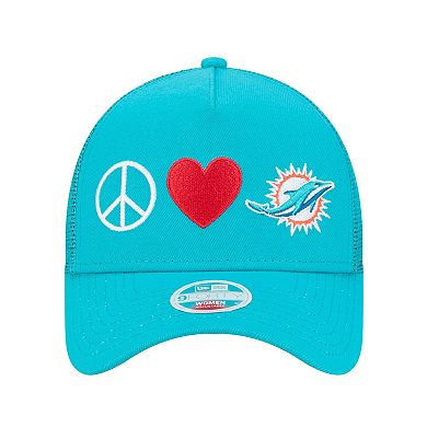 Women's New Era Aqua Miami Dolphins Peace & Love Trucker 9FORTY ...